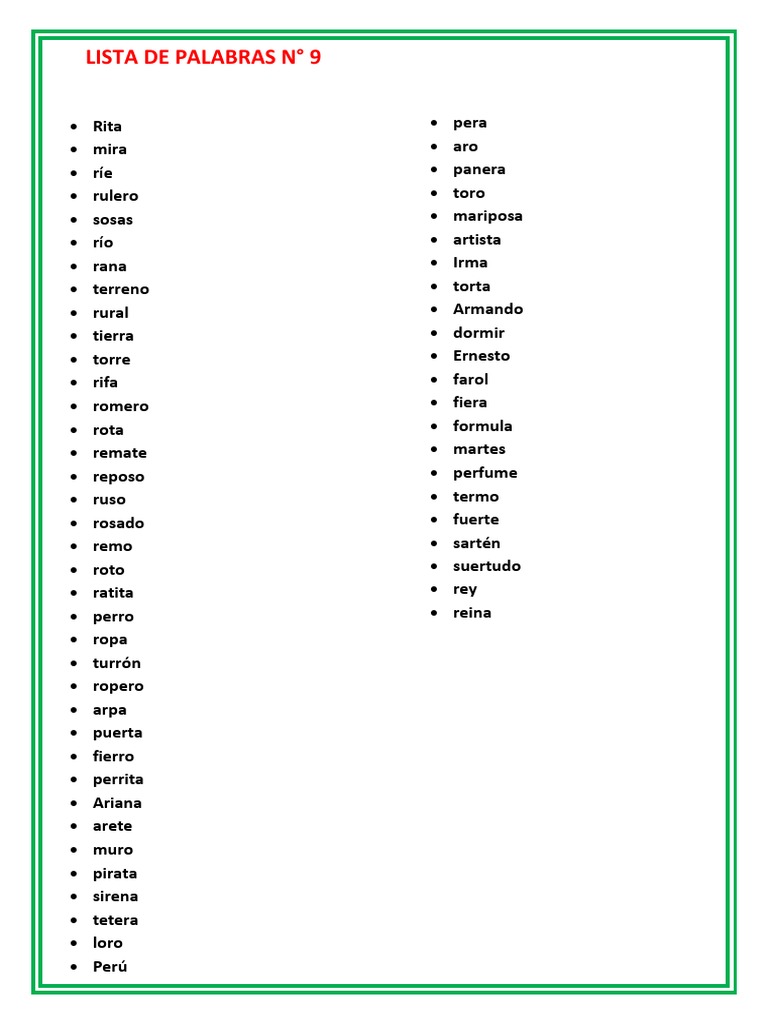Lista de Palabras N 9 Grupo 2 | PDF
