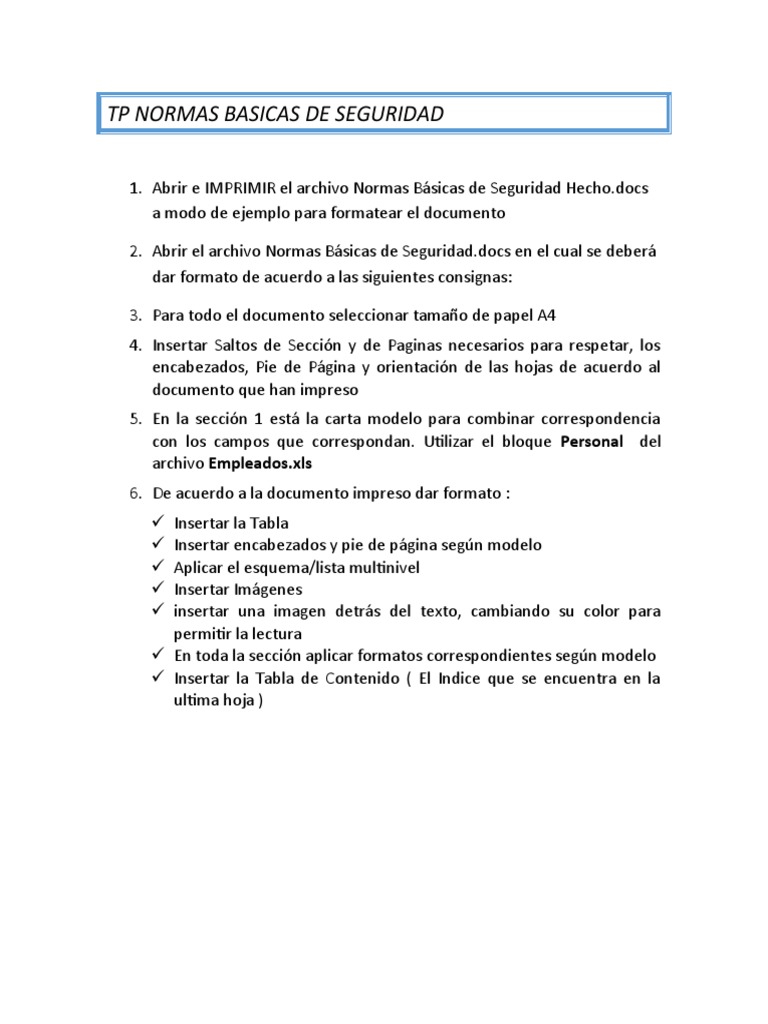 TP NORMAS BASICAS DE SEGURIDAD Consignas | PDF