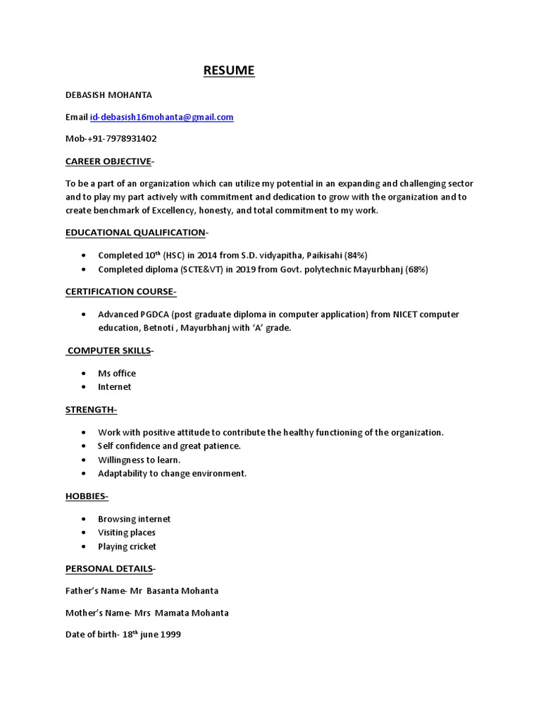 Resume of Debasish Mohanta | PDF