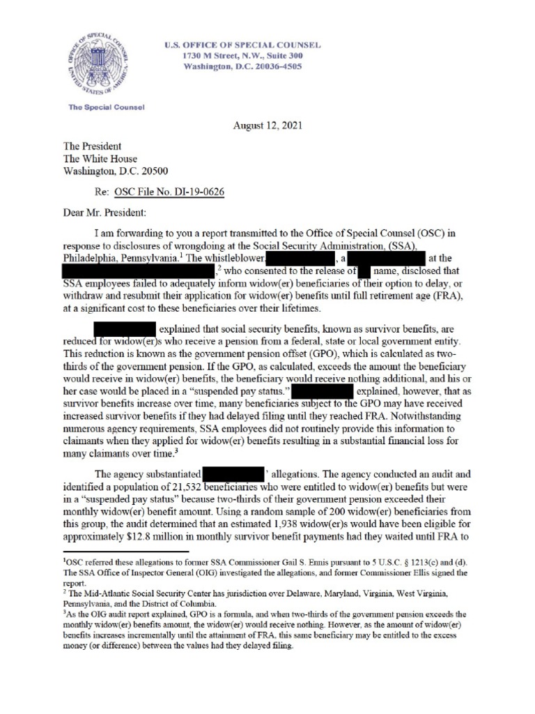 OSC Letter To White House Re: SSA Widow (Er) Beneficiaries | PDF ...