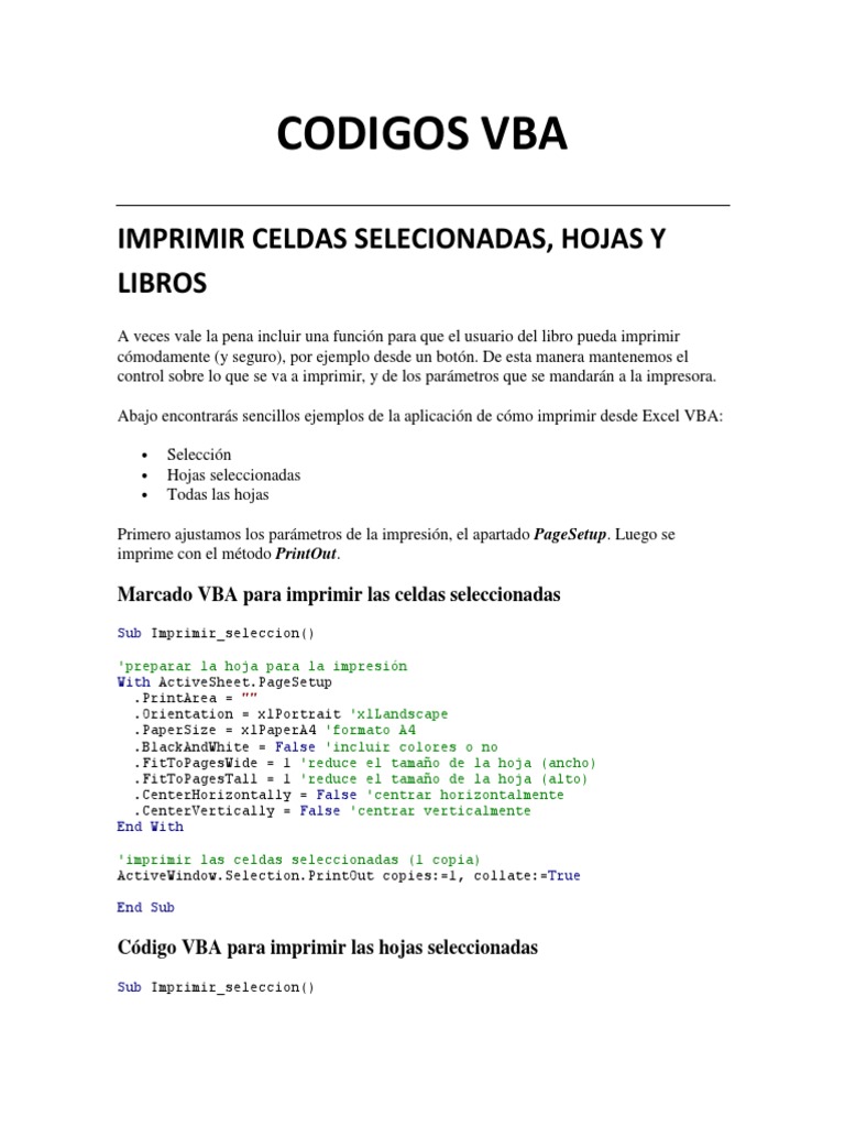 Códigos VBA para Imprimir en Excel | PDF | Microsoft Excel | Macro ...