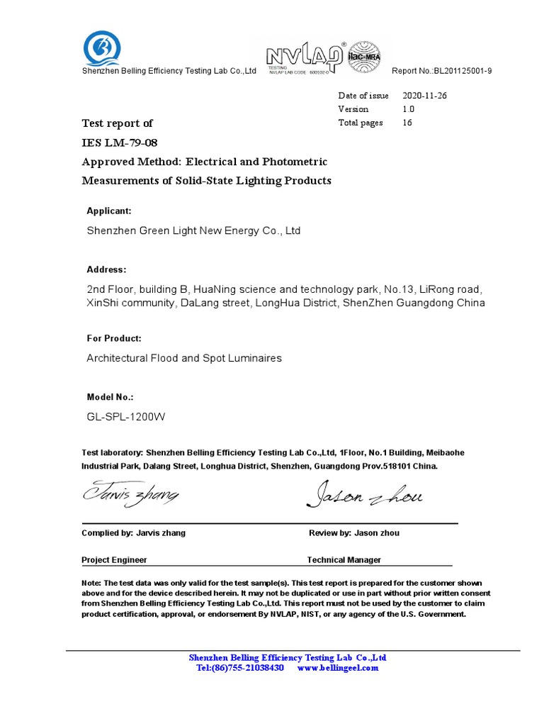 LM-79 Test Report for 1200W Architectural Luminaires | PDF | Power ...