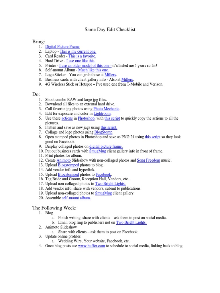 Same Day Edit Photography Checklist | PDF