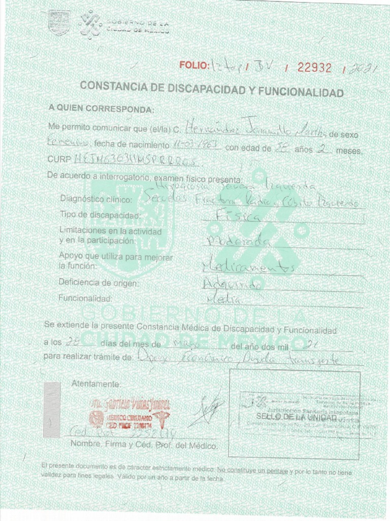 Constancia de Discapacidad Ejemplo | PDF