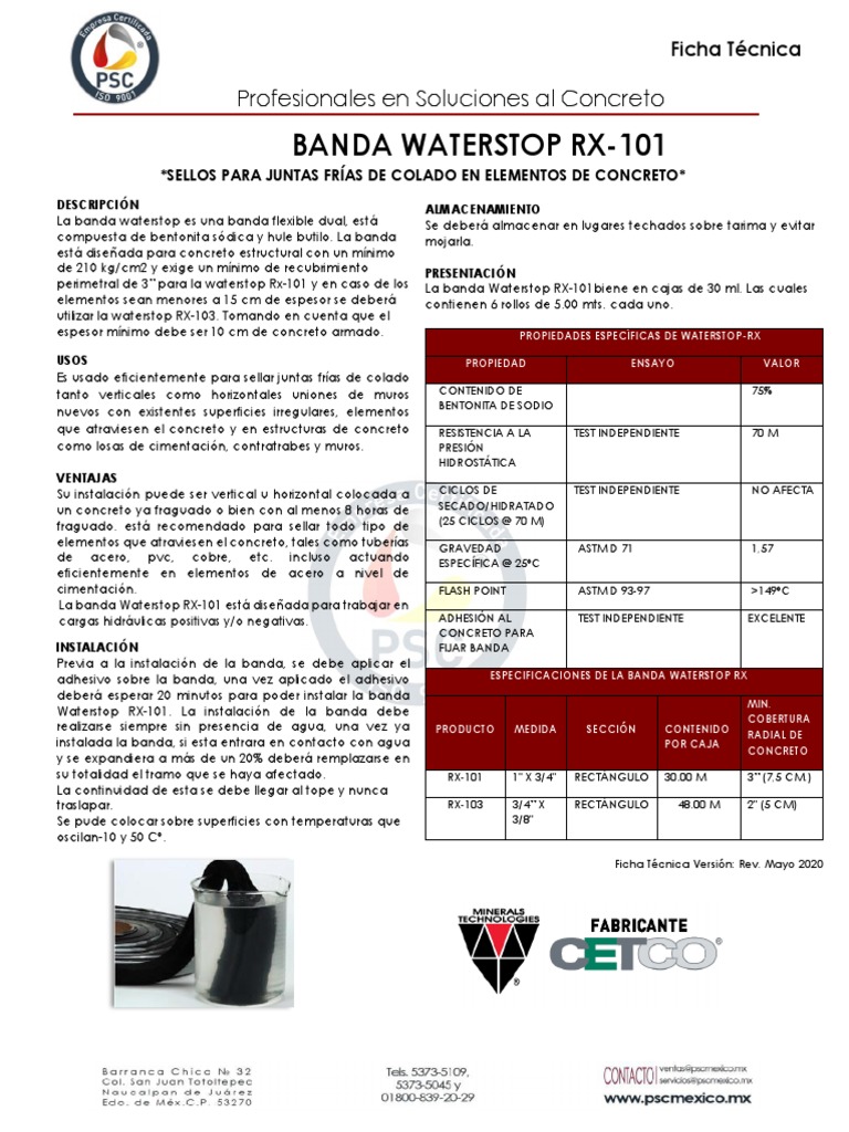 Ficha Tecnica de Waterstop | PDF | Hormigón | Ingeniero civil