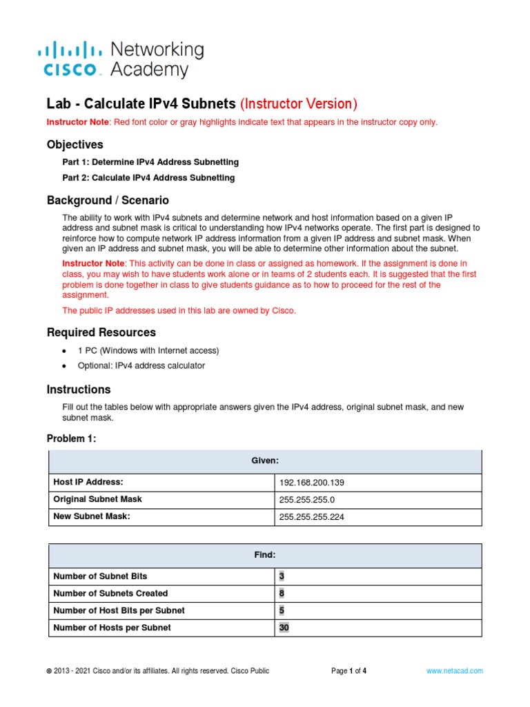 11.6.6 Lab - Calculate IPv4 Subnets - ILM | PDF | Ip Address | Internet Standards