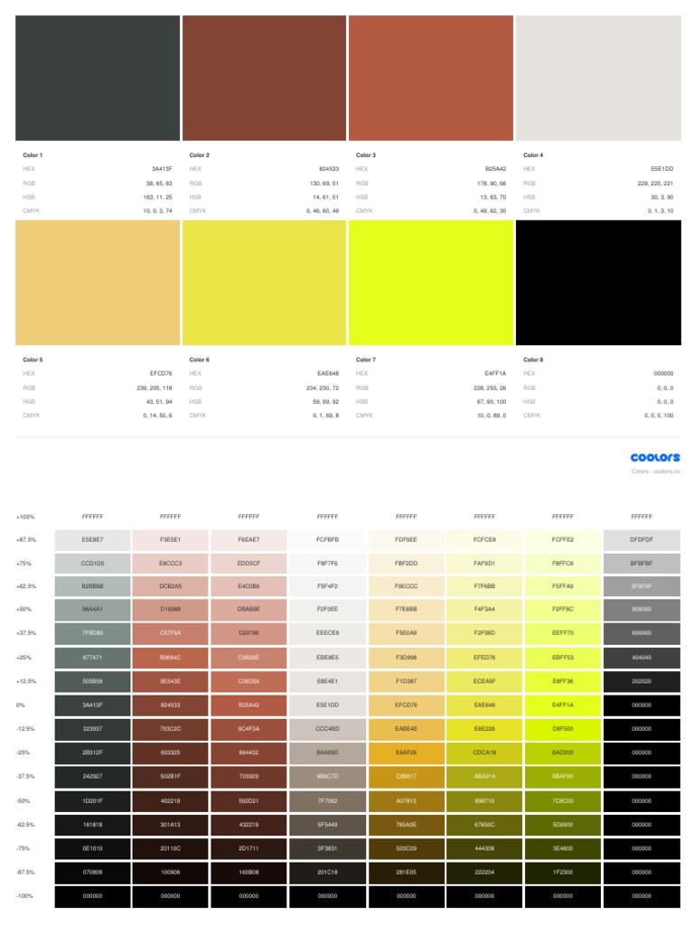 Color 1 Color 2 Color 3 Color 4: HEX RGB HSB Cmyk HEX RGB HSB Cmyk HEX ...