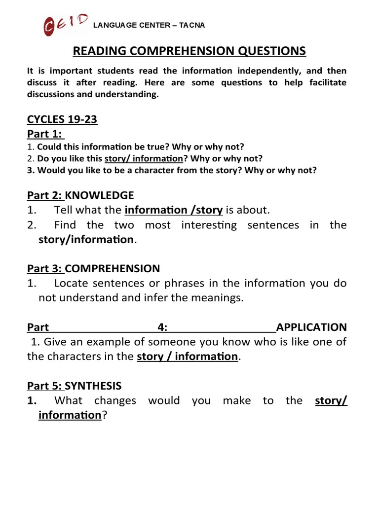 READING COMPREHENSION QUESTION - Original | PDF