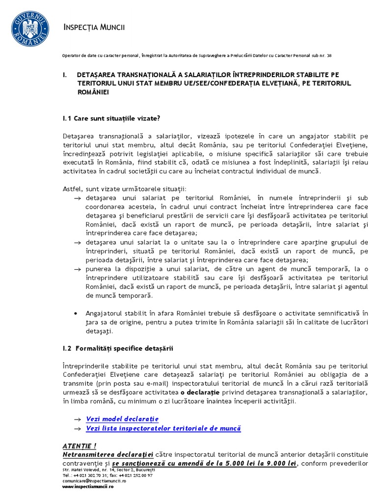 Detasarea Transnationala Pe Teritoriul Romaniei Ro 2021 | PDF