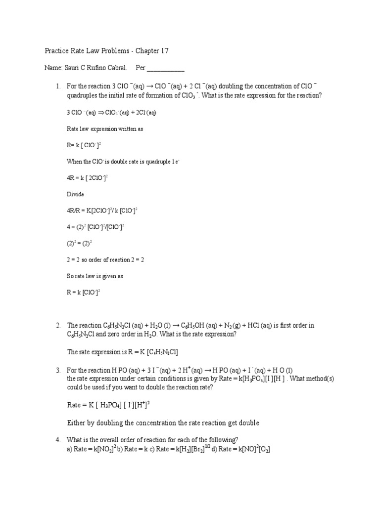 Practice Rate Law Problems | PDF | Reaction Rate | Activation Energy