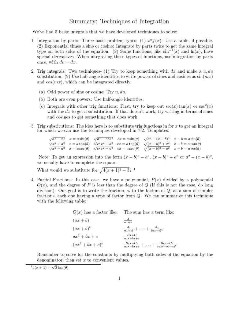 Summary: Techniques of Integration | PDF | Trigonometric Functions ...