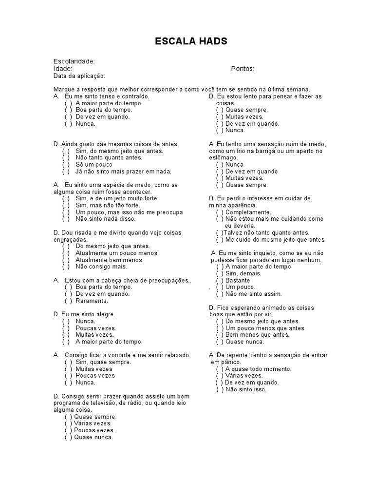 Avaliação de sintomas de ansiedade e depressão através da Escala HADS | PDF