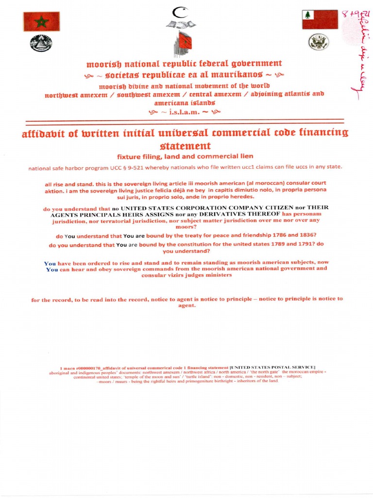 Affidavit of Written Initial Universal Commercial Code Financing ...