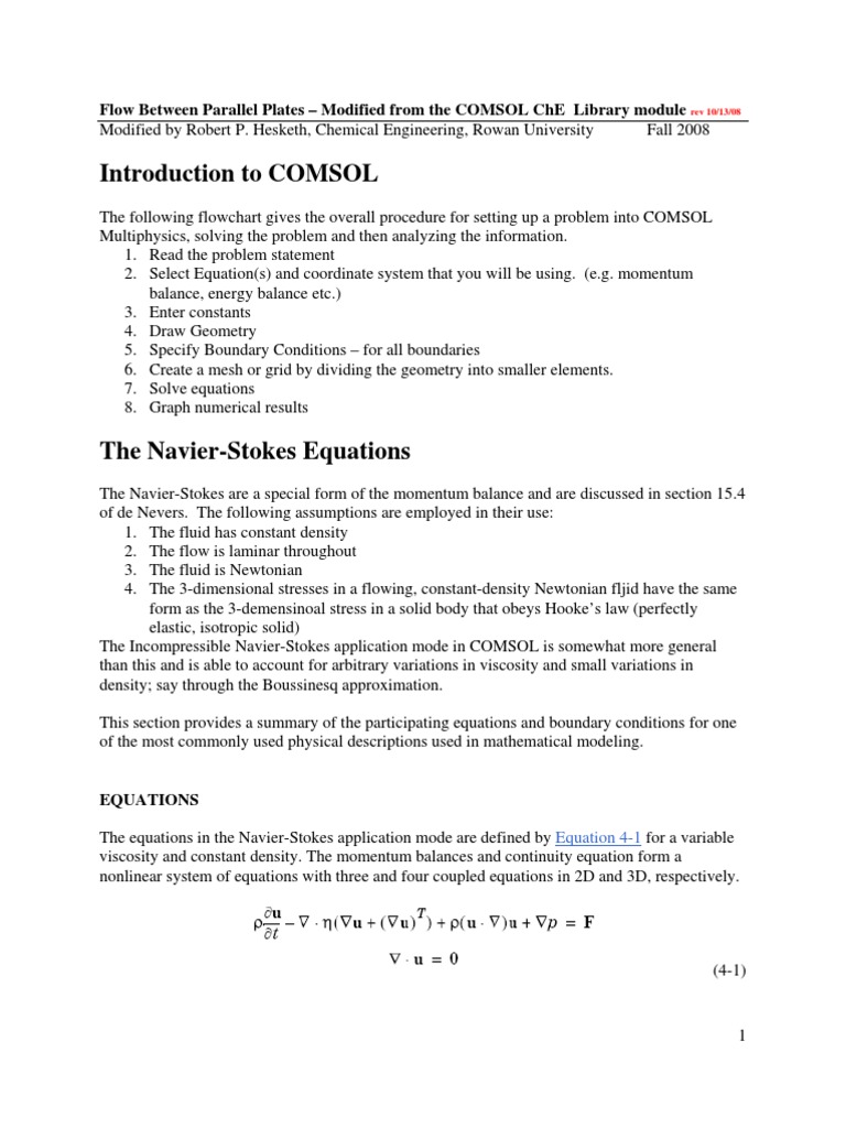 Flow Between Parallel Plates - Comsol2008 | PDF | Navier–Stokes ...