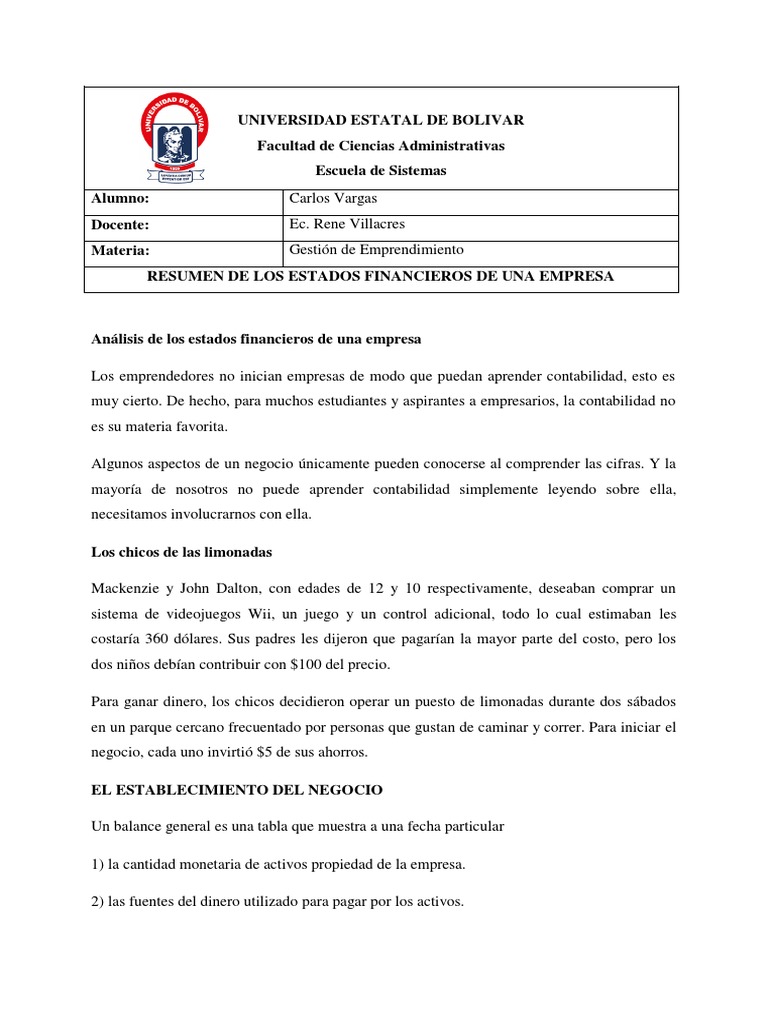 Resumen de Los Estados Financieros de Una Empresa | PDF | Estado de ...