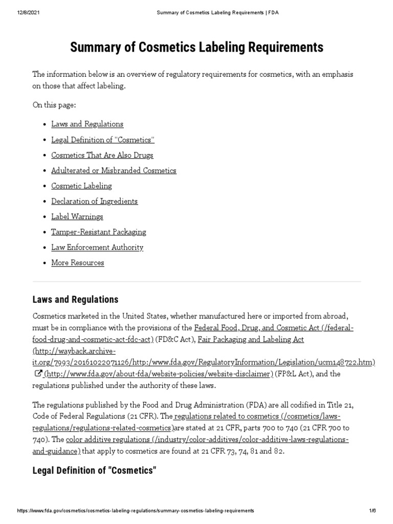 FDA Cosmetics Labeling Requirements Summary | PDF | Federal Food ...