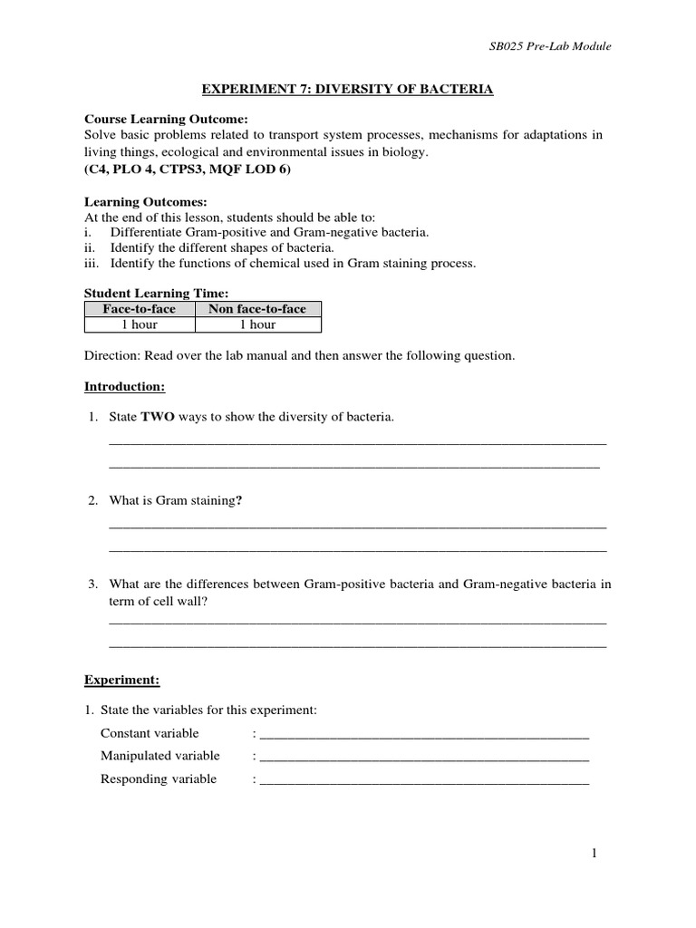Experiment 7: Bacterial Diversity Pre-Lab | PDF | Bacteria | Gram ...