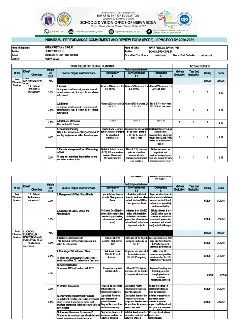 Ipcrf Head Teacher 2020 2021 Template | PDF | Teachers | Curriculum