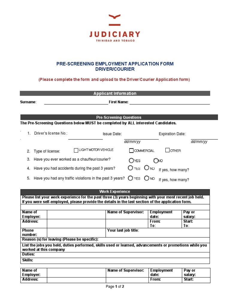 Pre-Screening Employment Application Form Driver/Courier | PDF | Employment
