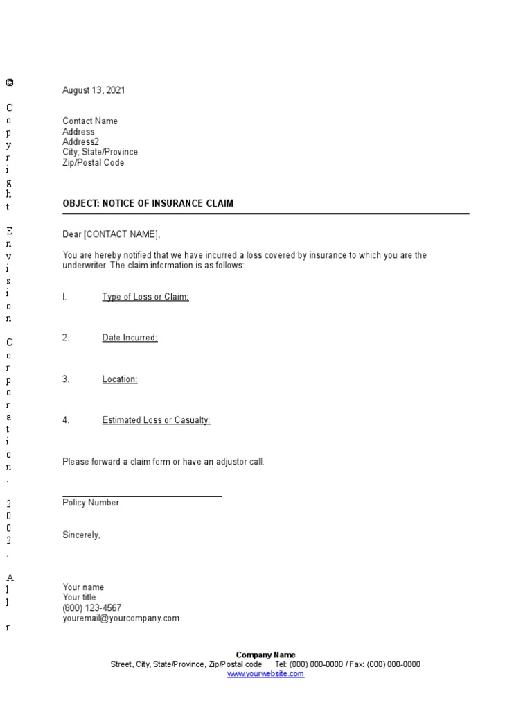 Notice of Insurance Claim | PDF