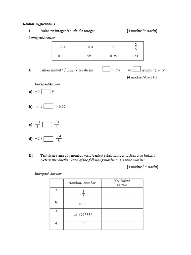 Ujian Math Form 1 | PDF