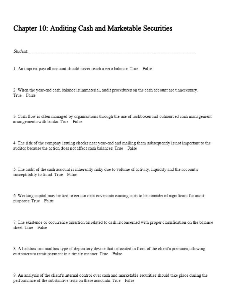 Chapter 10: Auditing Cash and Marketable Securities | PDF | Banks | Audit