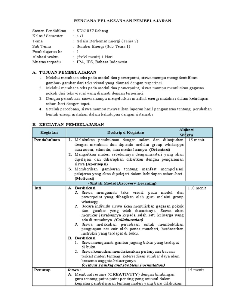 RPP Kelas 4 Tema 2 Subtema 1 Sumber Energi | PDF | Karier & Perkembangan