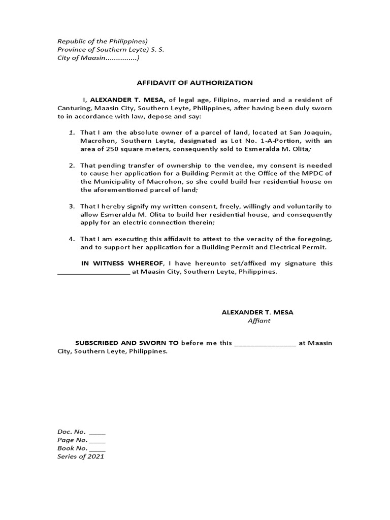 Affidavit of Authorization-Sample | PDF