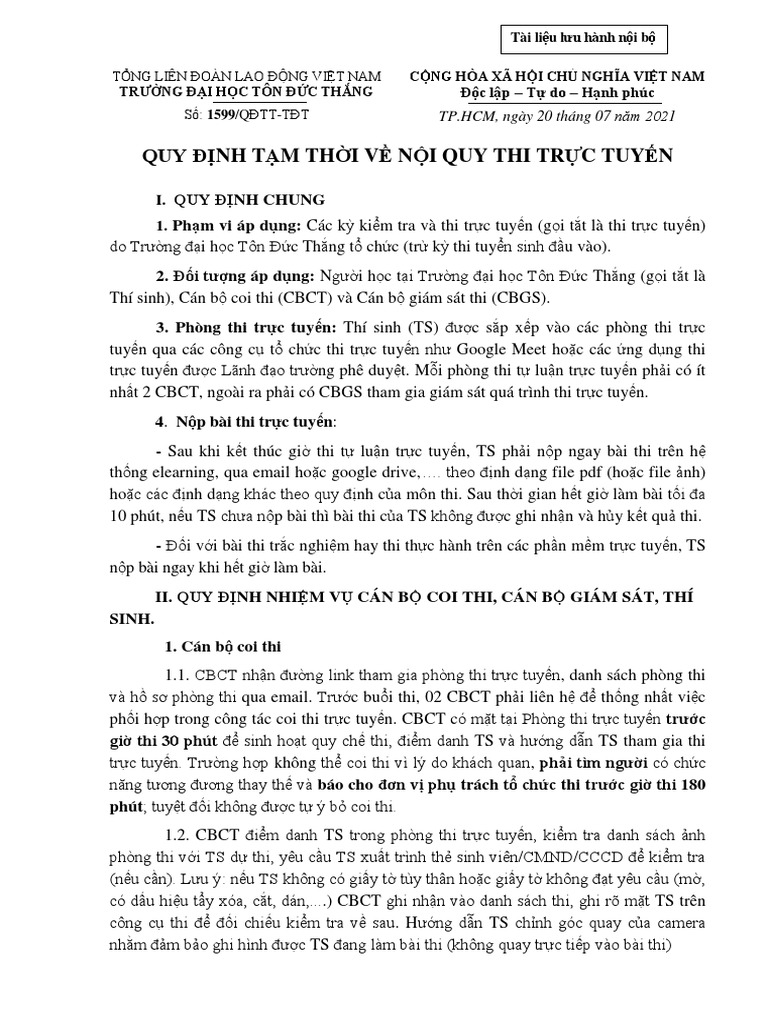 2021 - Quy định tạm thời về Nội quy thi trực tuyến TDTU | PDF