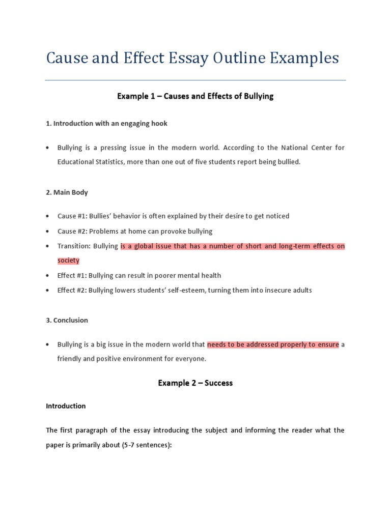 Cause and Effect Essay Outline Examples: Example 1 - Causes and Effects ...