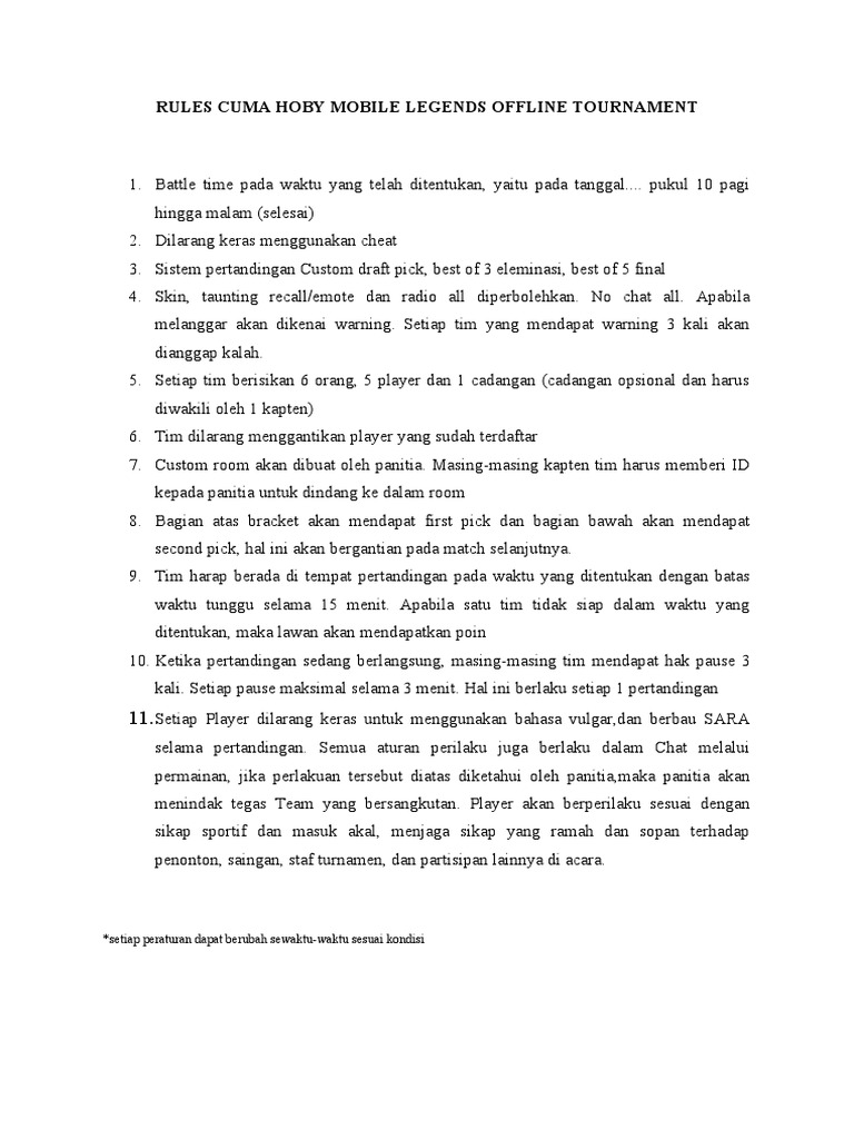 Rules Cuma Hoby Mobile Legends Offline Tournament | PDF