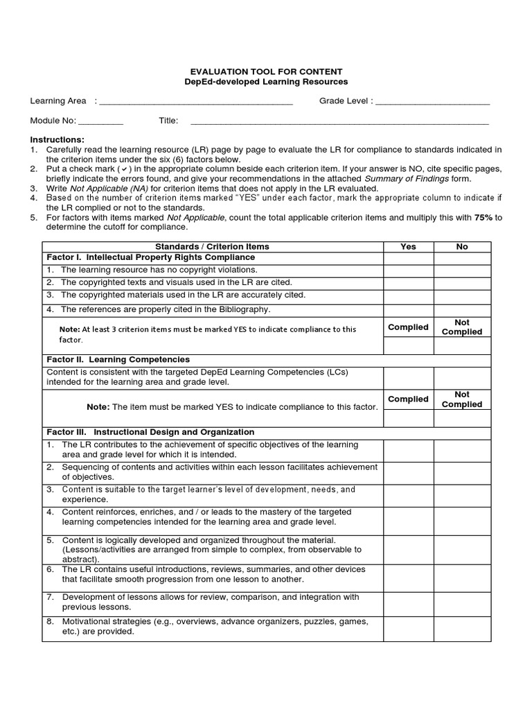 EVALUATION TOOLS FOR CONTENT LANGUAGE and LAYOUT AND DESIGN | PDF ...