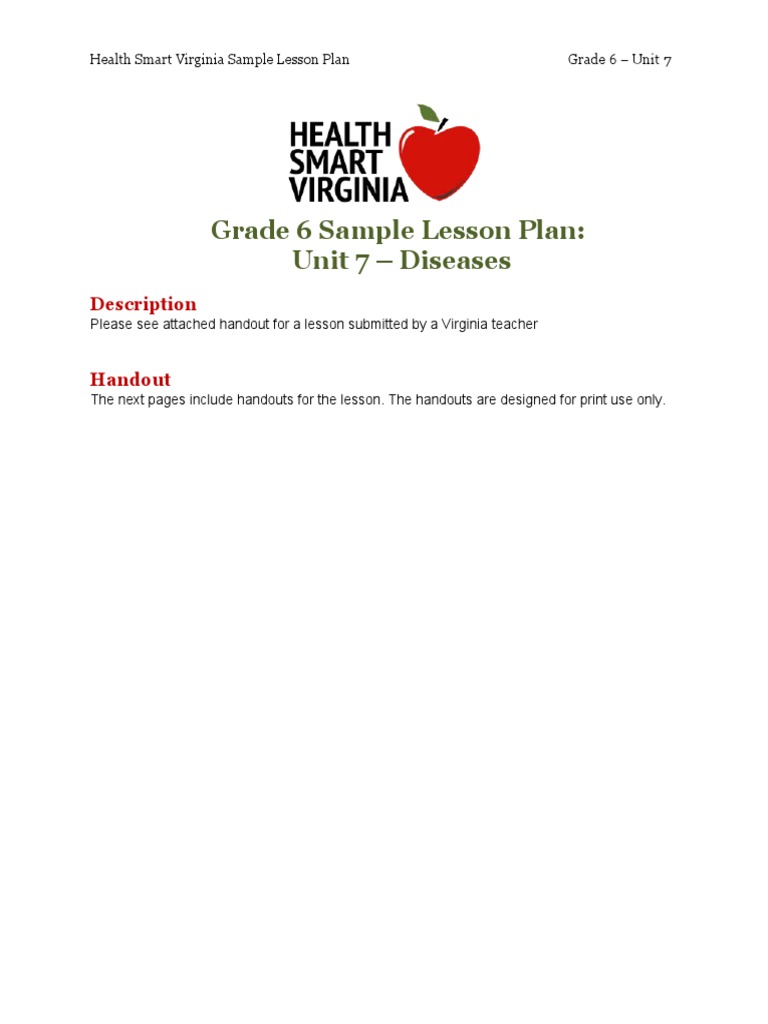 Grade 6 Sample Lesson Plan: Unit 7 - Diseases: Description | PDF ...