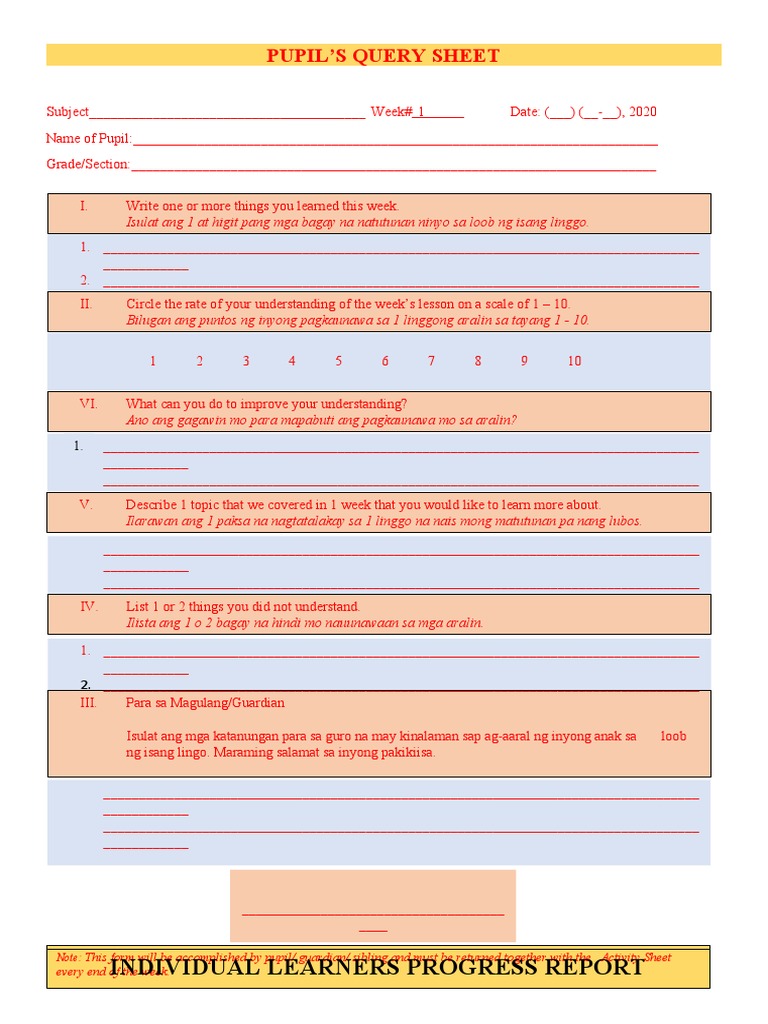 Pupil'S Query Sheet: Individual Learners Progress Report | Download Free PDF | Learning ...