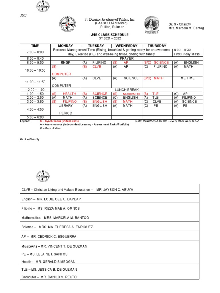 Jhs Class Schedule: (S) Ap (S/C) Science (S) Computer (S) Clve | PDF ...