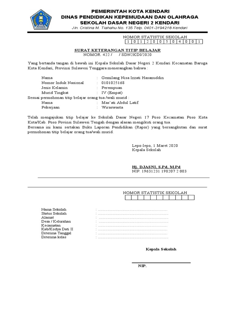 Draft Surat Ket. Titip Belajar | PDF