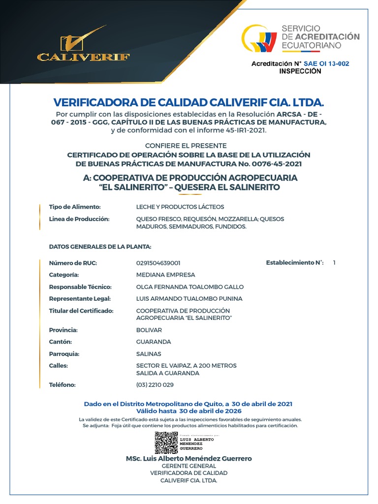 Certificado BPM El Salinerito | PDF