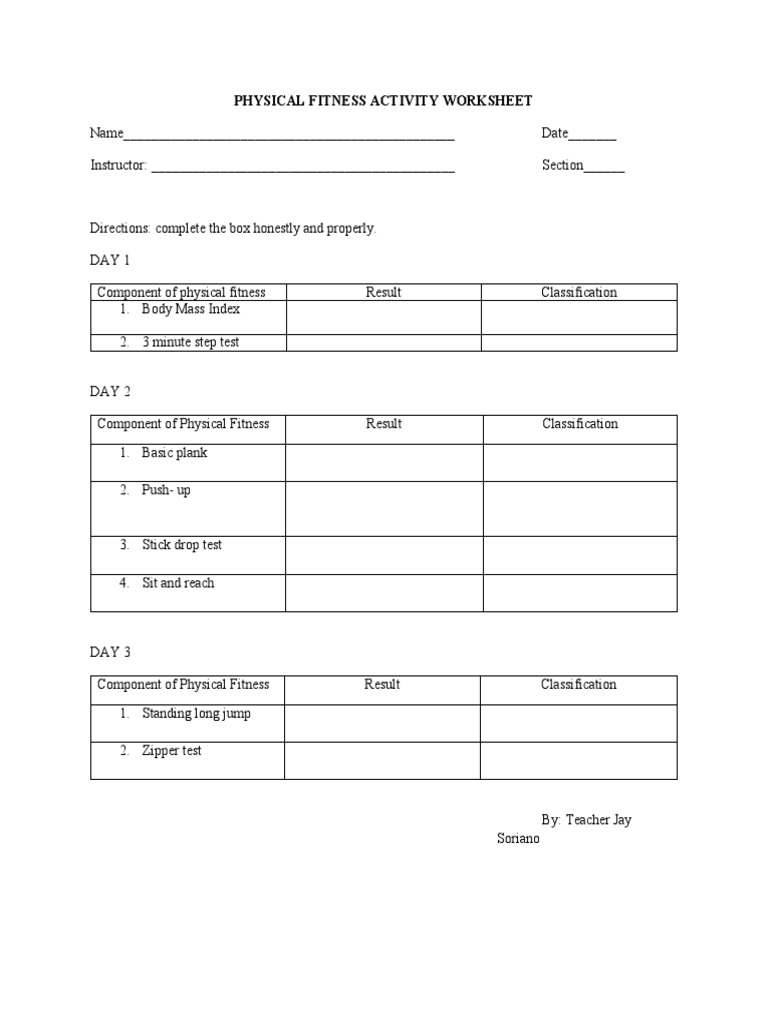 Physical Fitness Activity Worksheet | PDF