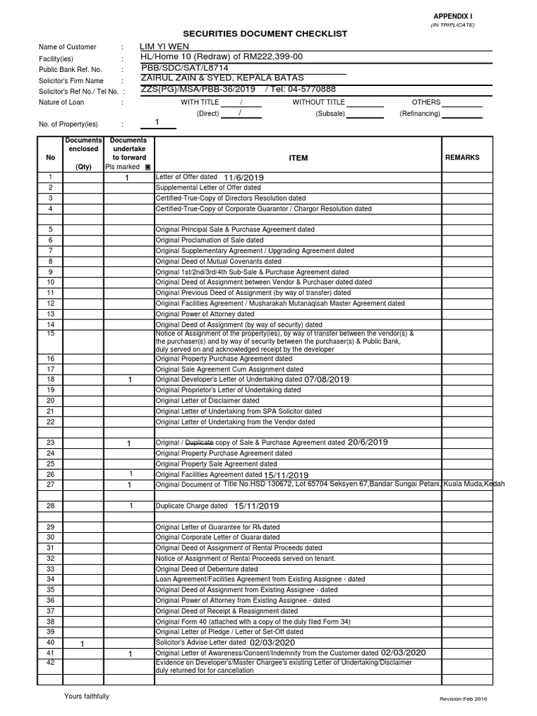 APPENDIX I at 022010 (PBB) - Checklist | PDF | Deed | Assignment (Law)