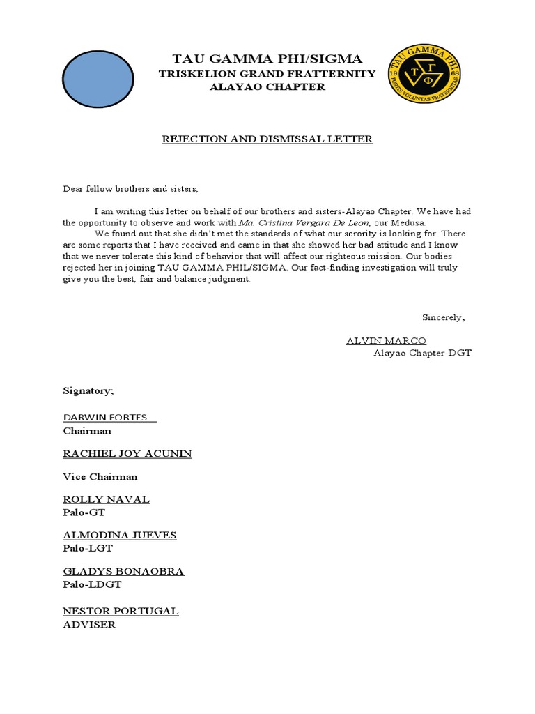 Tau Gamma Phi/Sigma: Rejection and Dismissal Letter | PDF