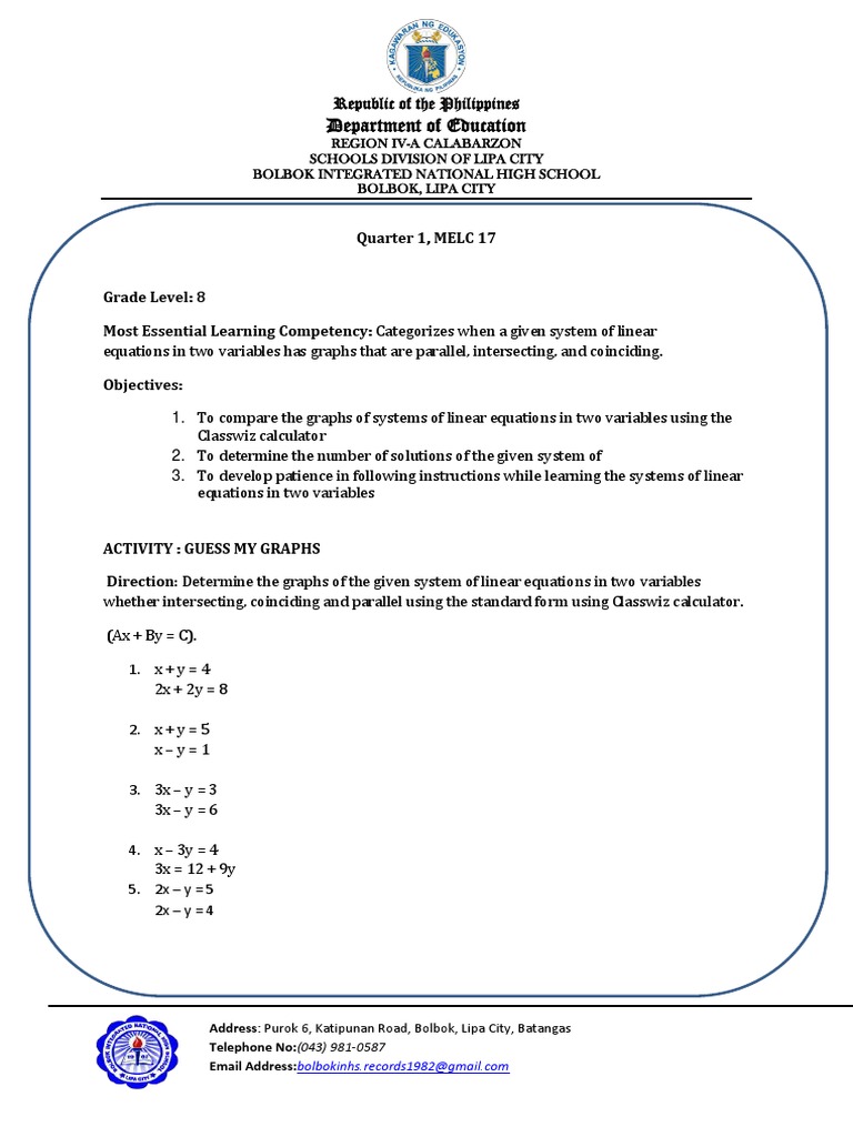 Department of Education: Republic of The Philippines | PDF | Equations ...