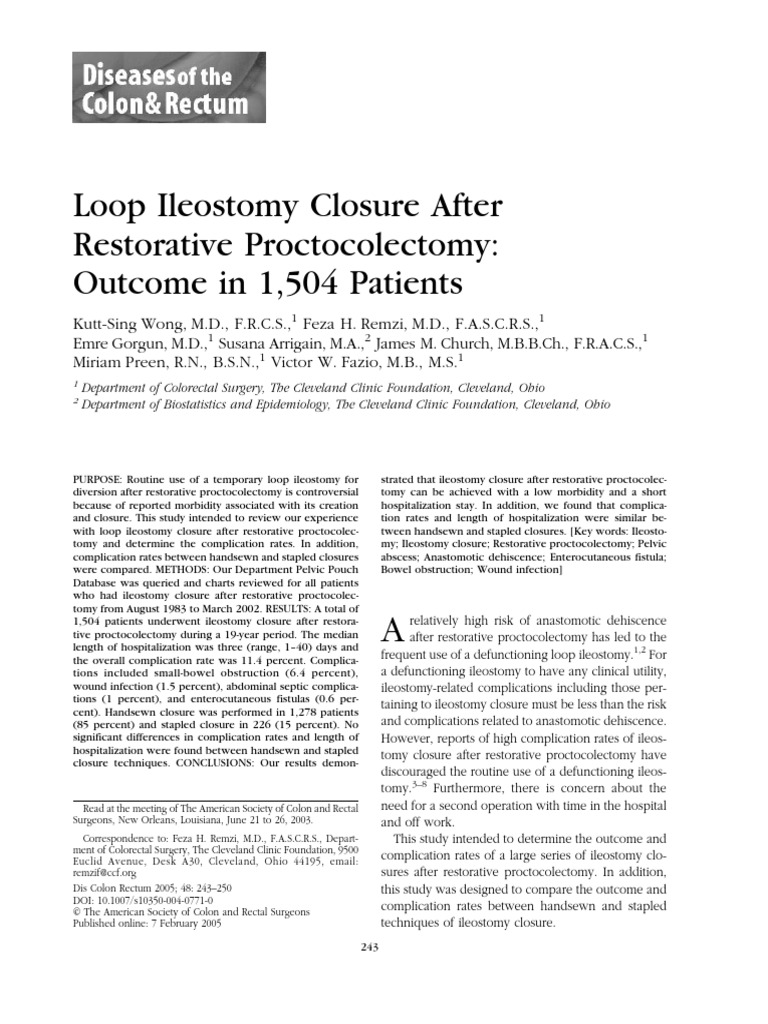 Article. Loop Ileostomy Closure After Restorative Proctocolectomy ...