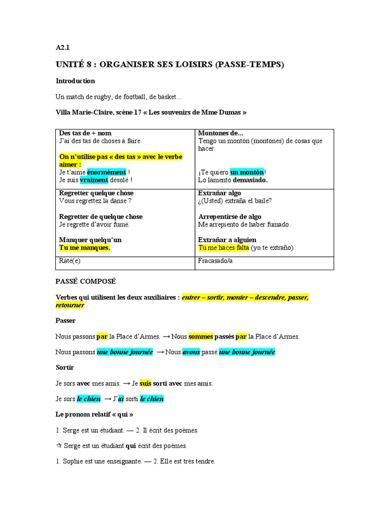 Organiser ses loisirs et passer du temps | PDF | Complément d'objet ...