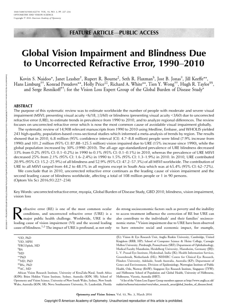 Global Vision Impairment and Blindness Due To Uncorrected Refractive ...