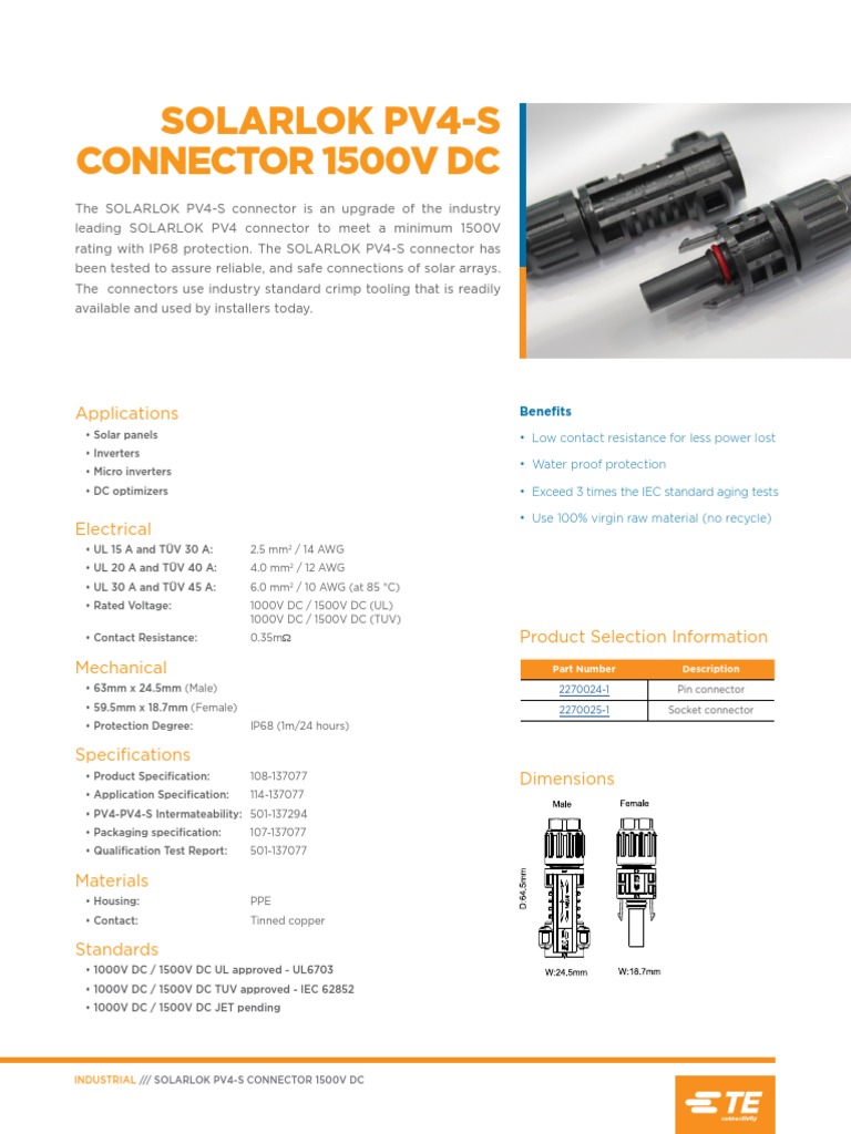 MC4 Te Conectivity Ficha Tecnica | PDF | Electrical Connector | Electrical Engineering
