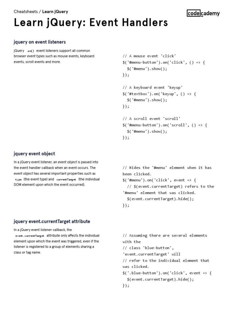 Learn JQuery - Learn JQuery - Event Handlers Cheatsheet - Codecademy | PDF | J Query | Callback ...