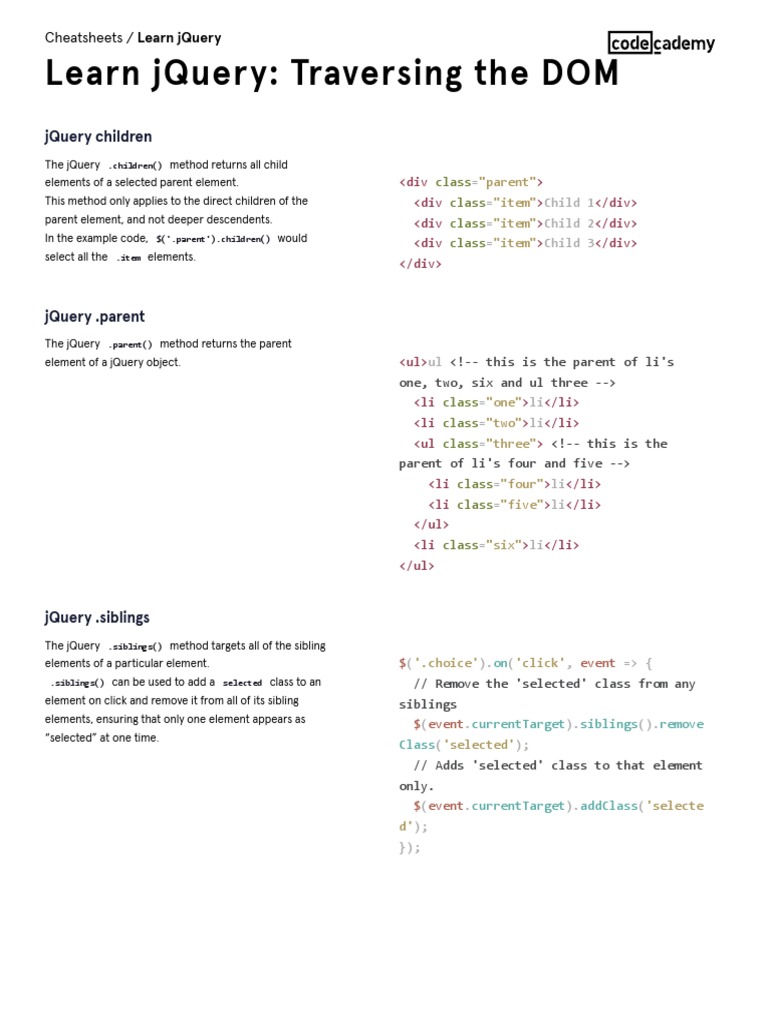 Learn Jquery Learn Jquery Traversing The Dom Cheatsheet Codecademy Pdf J Query