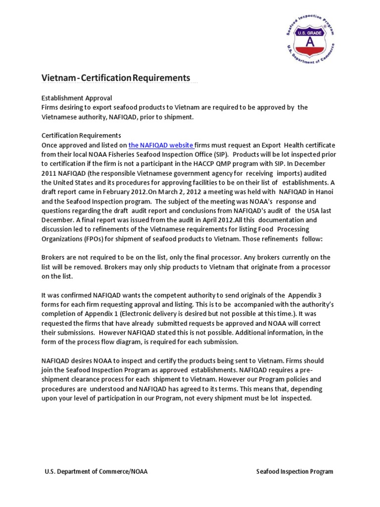 Vietnam - Certification Requirements: The NAFIQAD Website | PDF