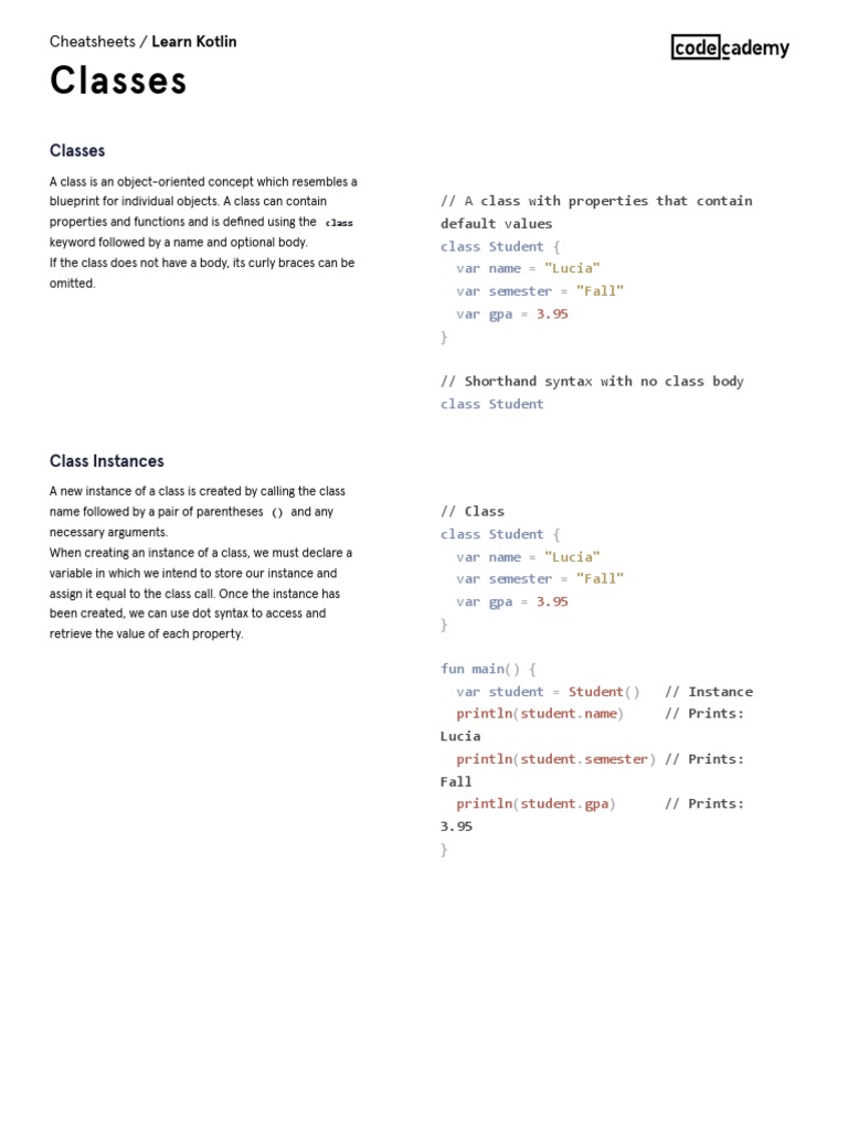 Learn Kotlin Classes Cheatsheet Codecademy Pdf Class Computer Programming Programming