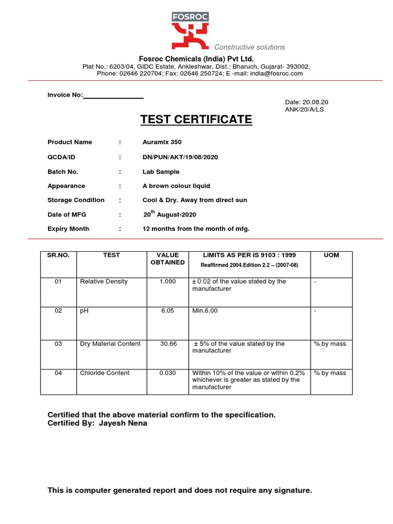 Test Certificate: Fosroc Chemicals (India) PVT LTD | PDF